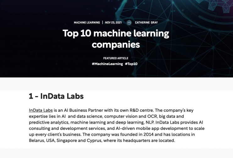 InData Labs among top Machine Learning vendors