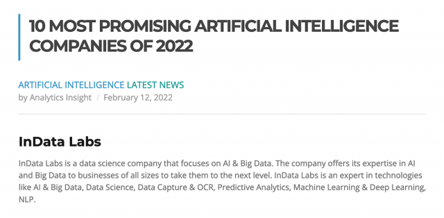 InData Labs in Top Promising Companies