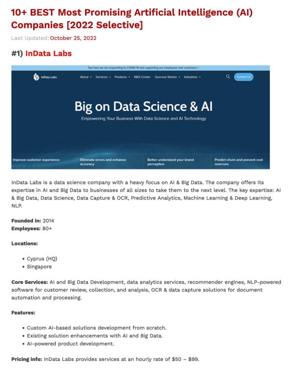 InData Labs in Best Promising AI Companies Listing by Software Testing Help
